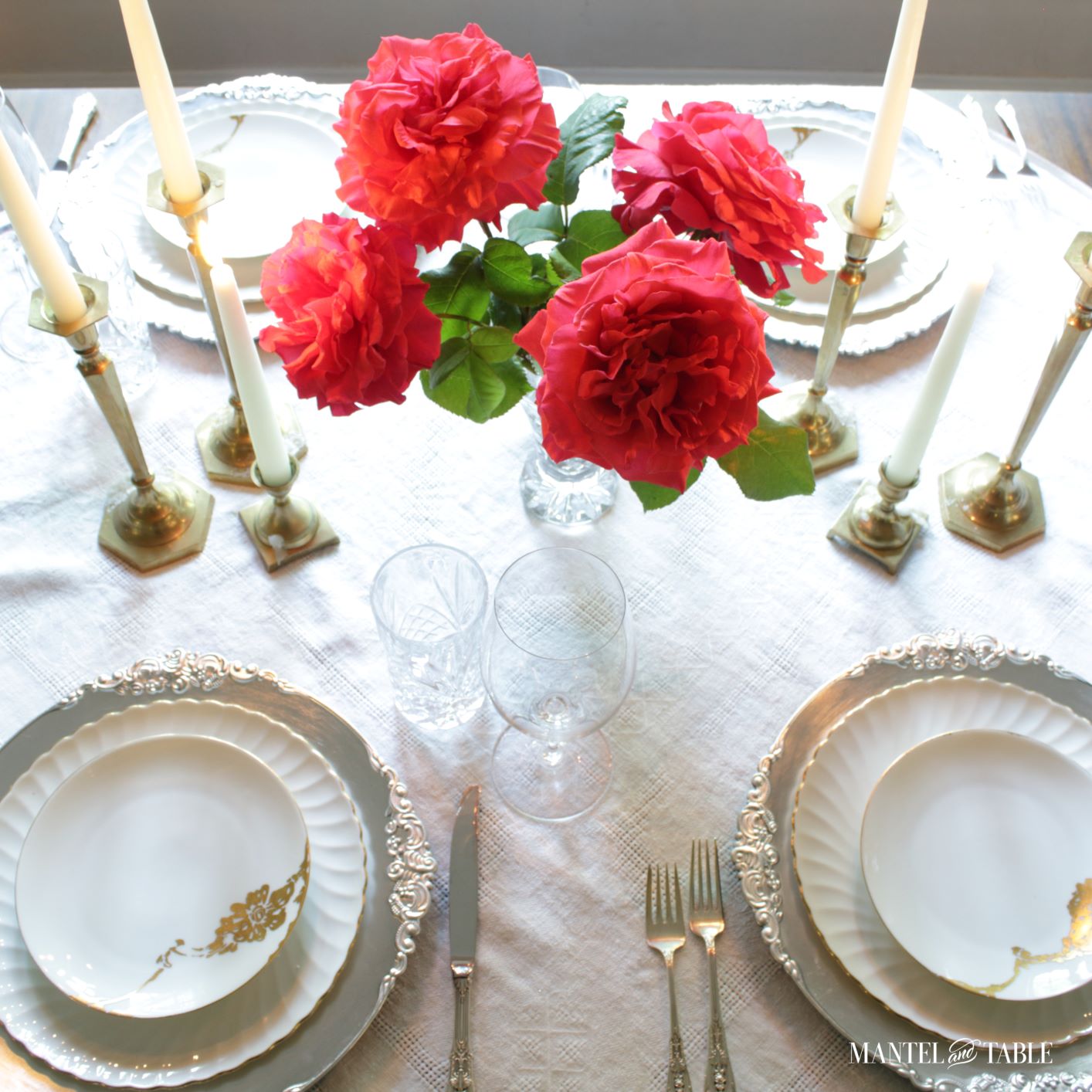 A Warm Elegant Red Rose Tablescape - Mantel and Table