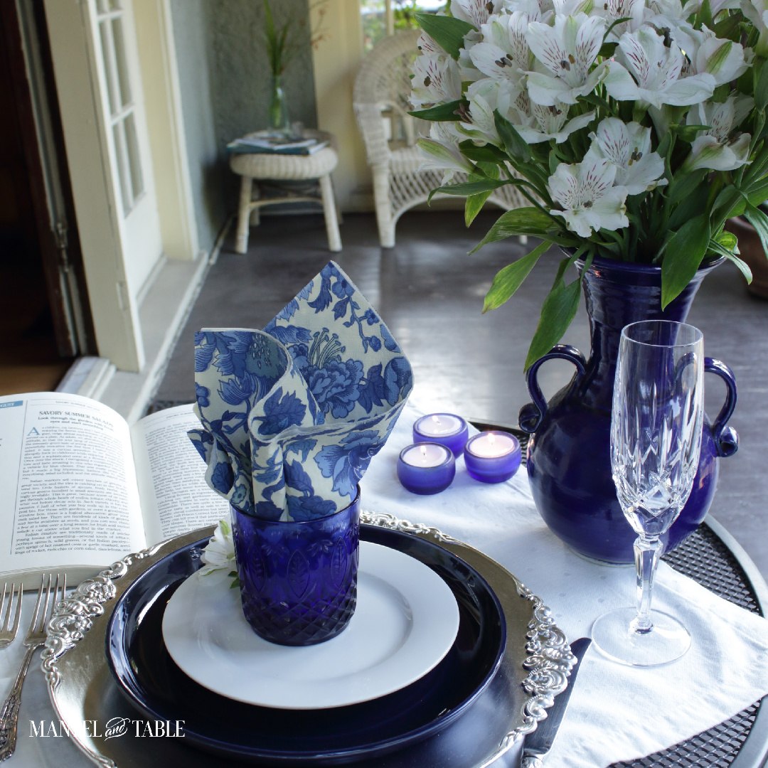 A Blue and White Tablescape On The Porch - Mantel and Table