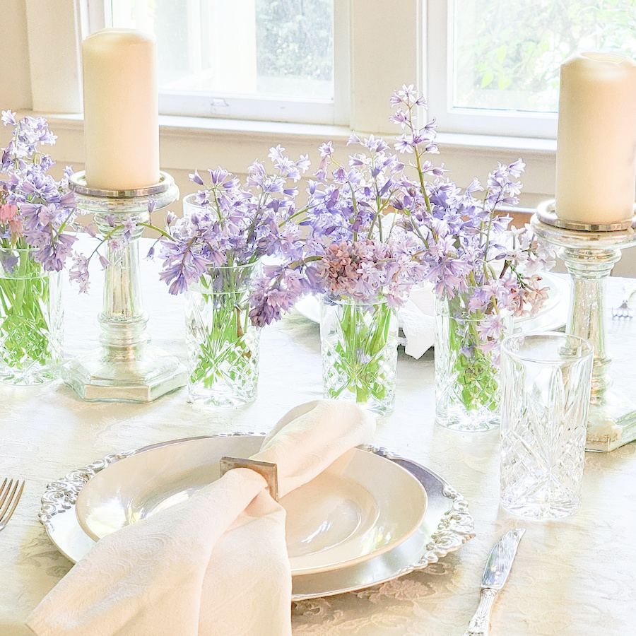 A spring tablescape - beauty right from the back yard - Mantel and Table