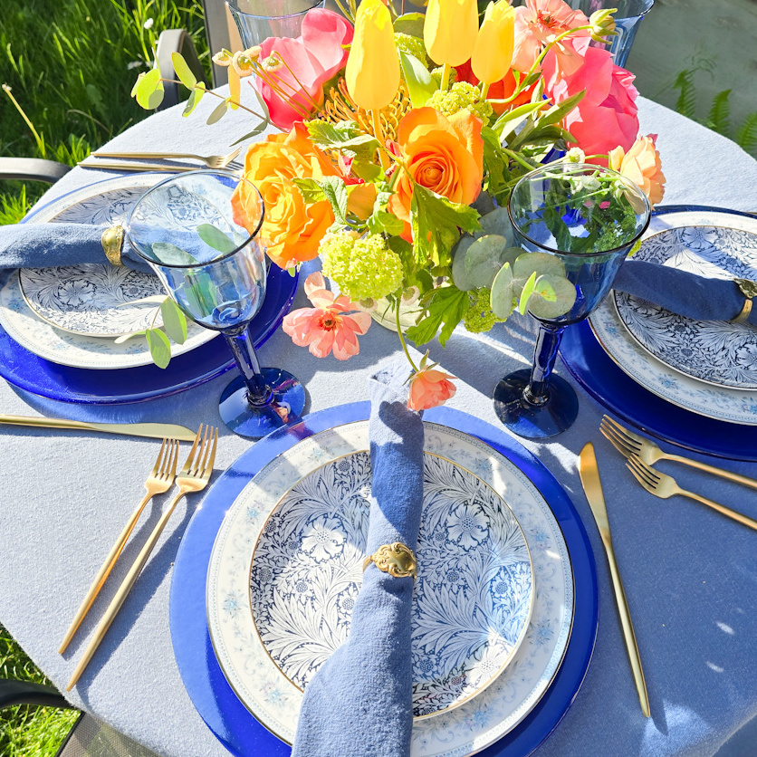 A Beautiful Summer Blue Tablescape Out in the meadow - Mantel and Table